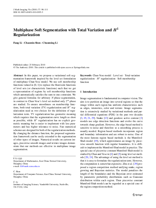 (PDF) Multiphase Soft Segmentation with Total Variation and H 1 Regularization