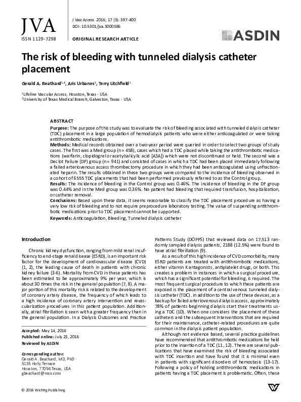 (PDF) The Risk of Bleeding with Tunneled Dialysis Catheter Placement