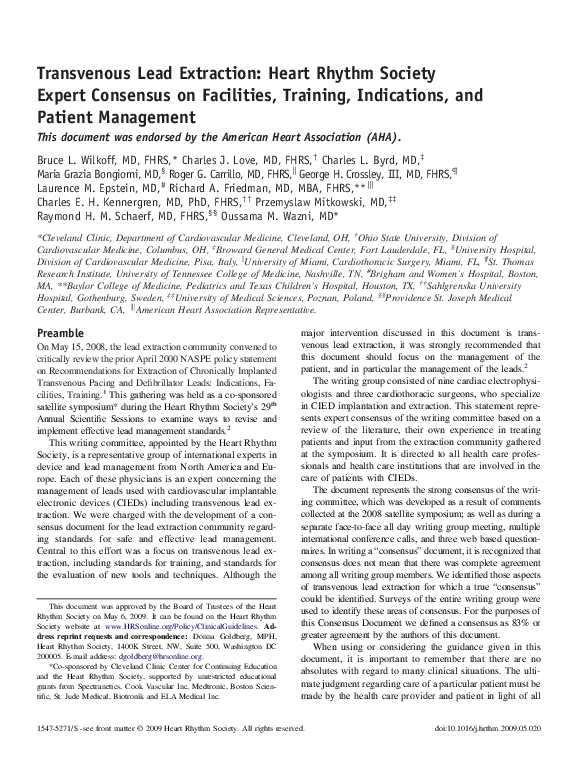 (PDF) Transvenous Lead Extraction: Heart Rhythm Society Expert Consensus on Facilities, Training ...