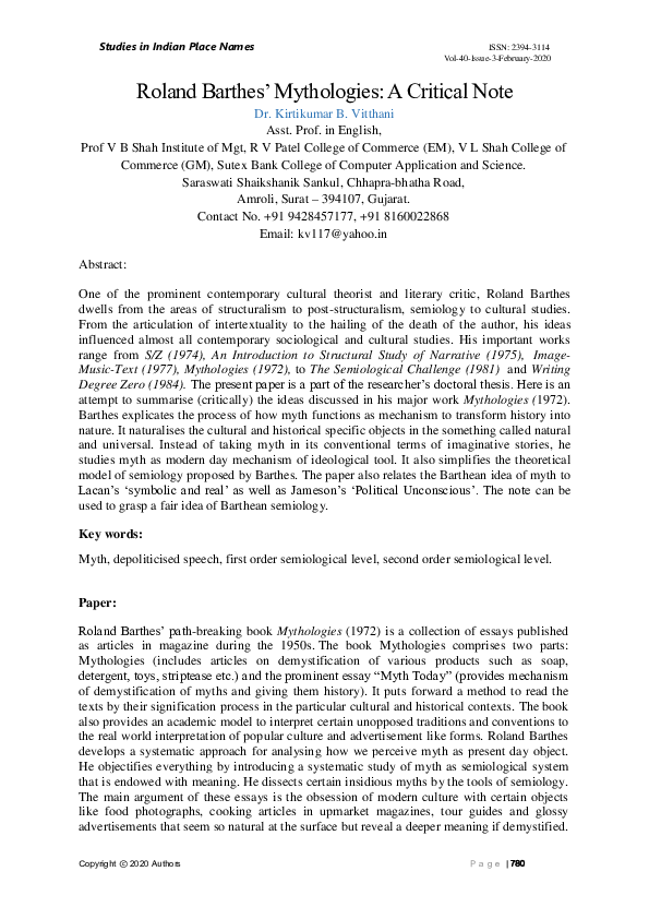 (PDF) Roland Barthes’ Mythologies: A Critical Note