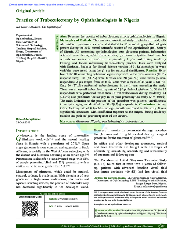 (PDF) Practice of trabeculectomy by ophthalmologists in Nigeria