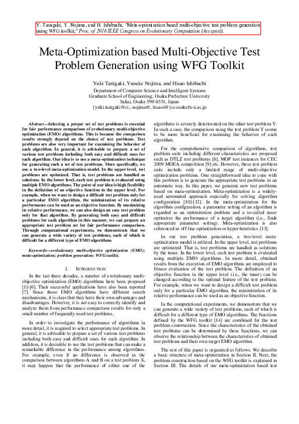 Pdf Meta Optimization Based Multi Objective Test Problem Generation
