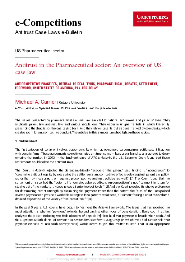 (PDF) Antitrust in the Pharmaceutical Sector: An Overview of U.S. Case Law