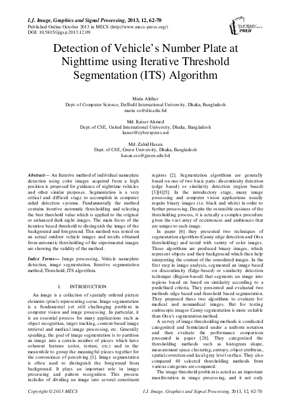 (PDF) Detection of Vehicle’s Number Plate at Nighttime using Iterative Threshold Segmentation ...