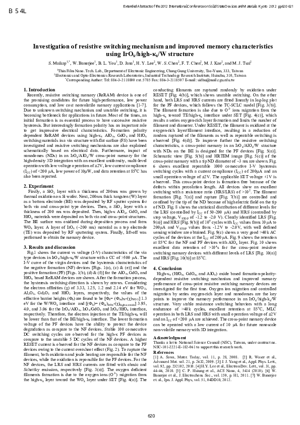 (PDF) Investigation of Resistive Switching Mechanism and Improved Memory Characteristics Using ...