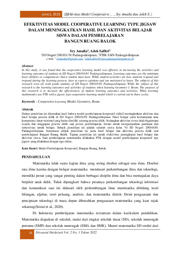 (PDF) Efektivitas Model Cooperative Learning Type Jigsaw Dalam Meningkatkan Hasil Dan Aktivitas ...