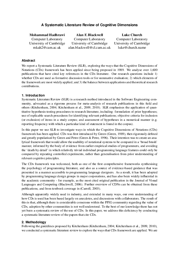 (PDF) A Systematic Literature Review of Cognitive Dimensions