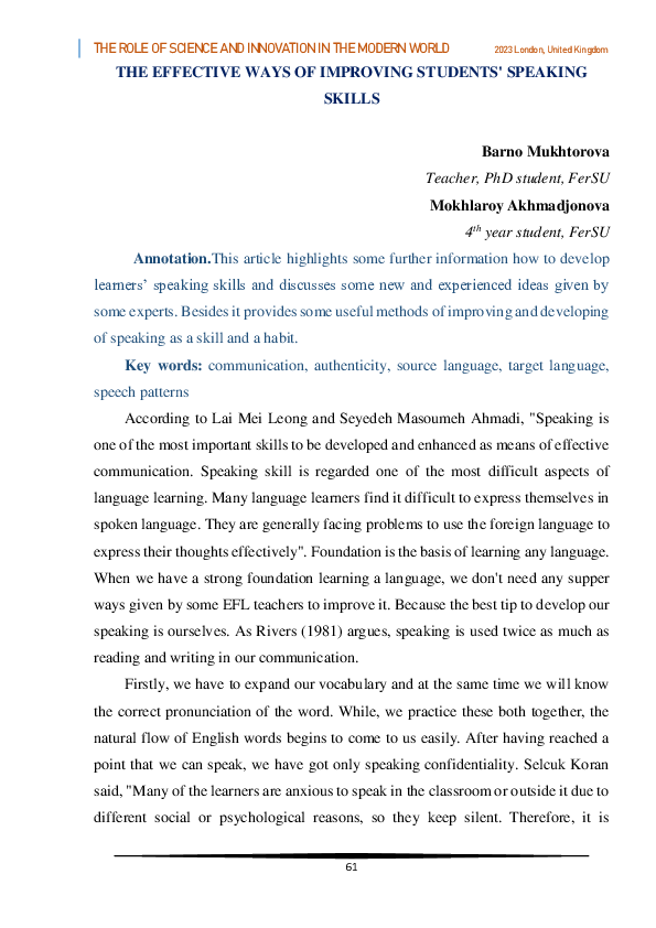 (PDF) The Effective Ways of Improving Students' Speaking Skills