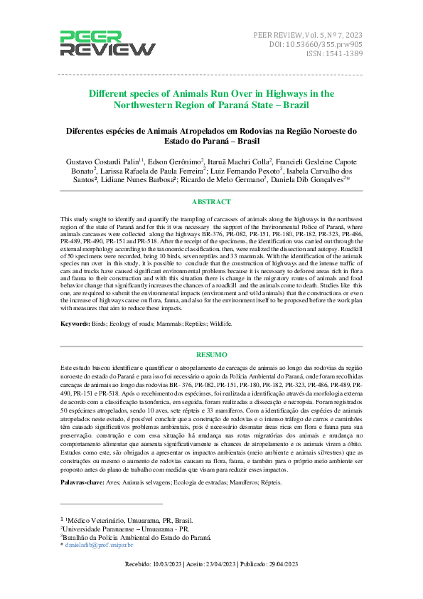 (PDF) Different species of animals run over in highways in the ...