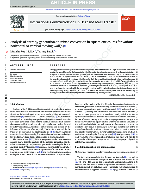 Pdf Analysis Of Entropy Generation On Mixed Convection In Square