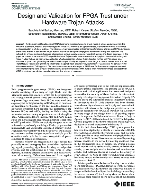 (PDF) Design and Validation for FPGA Trust under Hardware Trojan Attacks