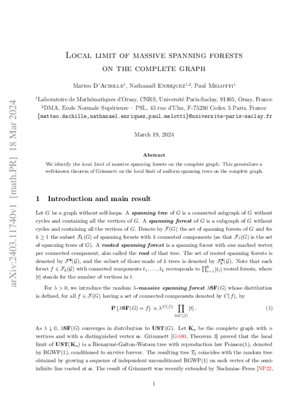 (PDF) Local limit of massive spanning forests on the complete graph