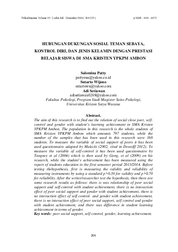 (PDF) Hubungan Dukungan Sosial Teman Sebaya, Kontrol Diri, Dan Jenis Kelamin Dengan Prestasi ...
