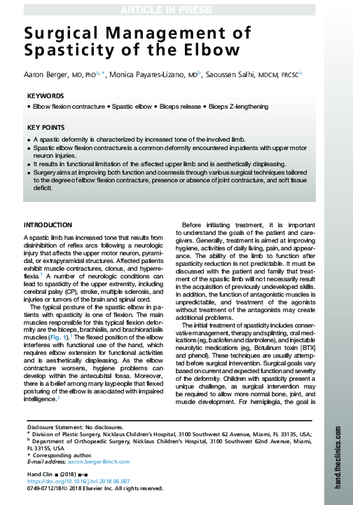 (PDF) Surgical Management of Spasticity of the Elbow