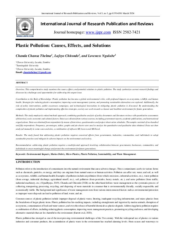 (PDF) Plastic Pollution: Causes, Effects, and Solutions