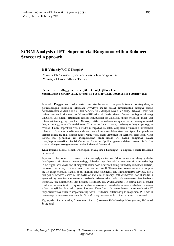 (PDF) SCRM Analysis of PT. SupermarketBangunan with a Balanced Scorecard Approach
