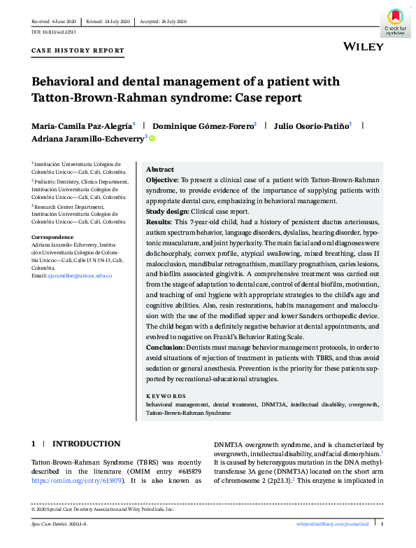 (PDF) Behavioral and dental management of a patient with Tatton‐Brown ...