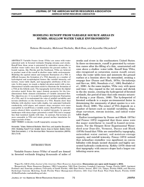 (PDF) Modeling Runoff from Variable Source Areas in Humid, Shallow ...