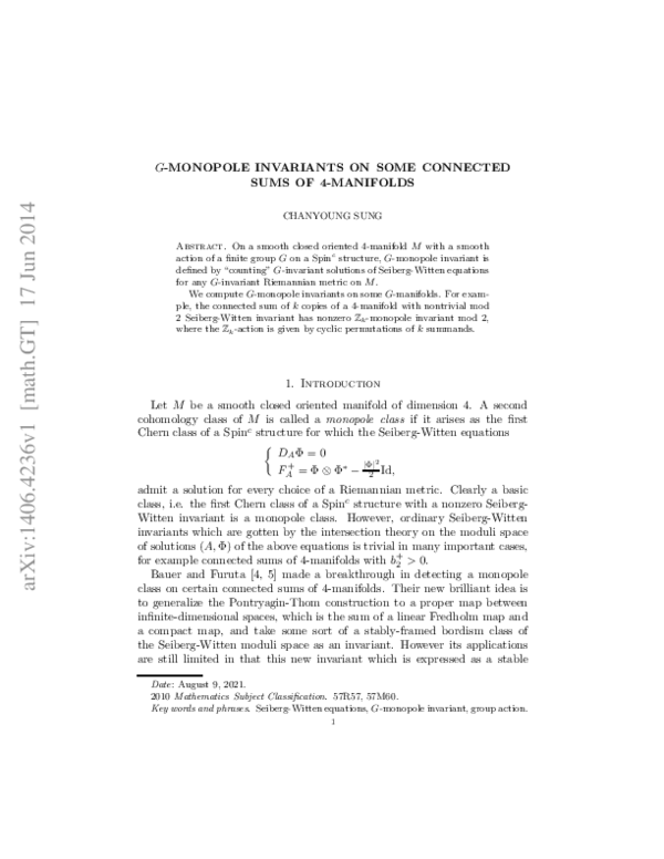 (PDF) G-monopole invariants on some connected sums of 4-manifolds ...