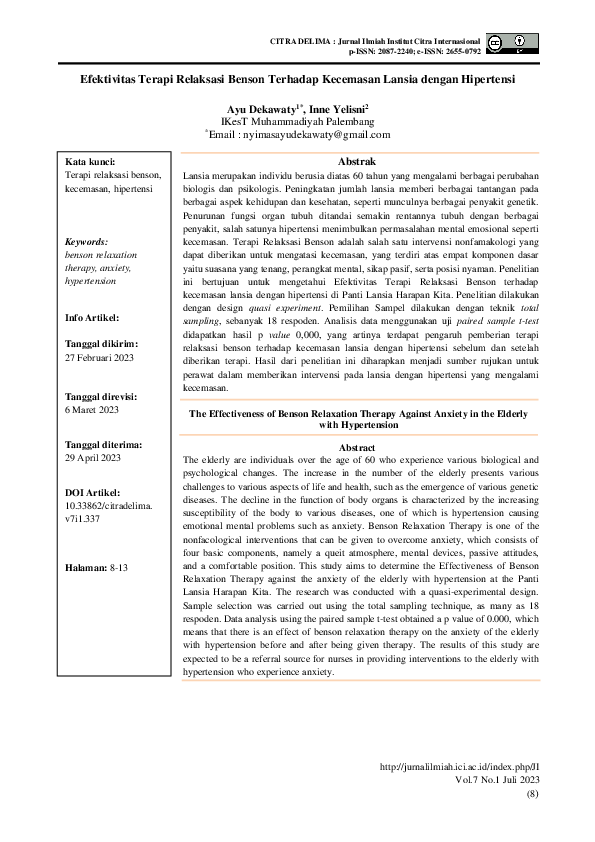 (PDF) Efektivitas Terapi Relaksasi Benson Terhadap Kecemasan Lansia dengan Hipertensi