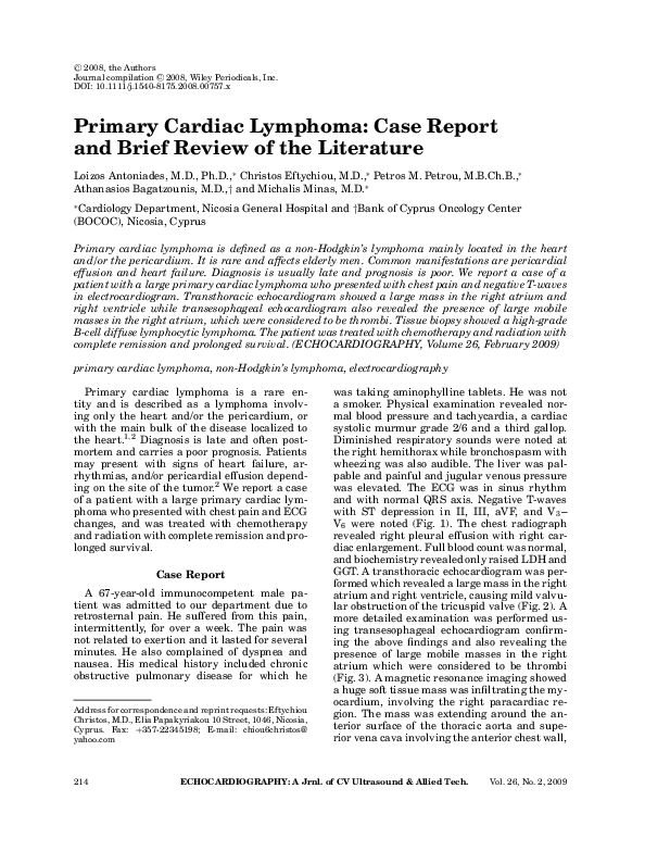 (PDF) Primary Cardiac Lymphoma: Case Report and Brief Review of the ...