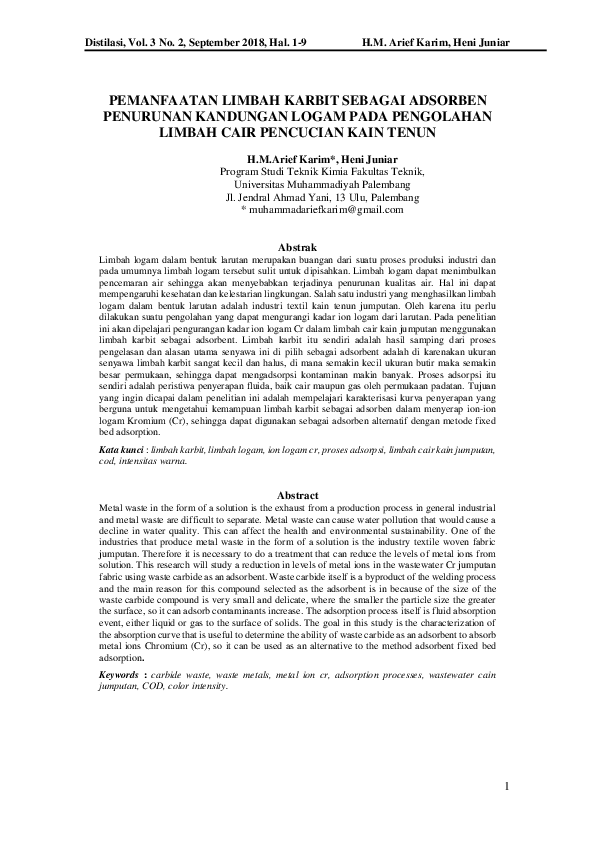 (PDF) Pemanfaatan Limbah Karbit Sebagai Adsorben Penurunan Kandungan ...