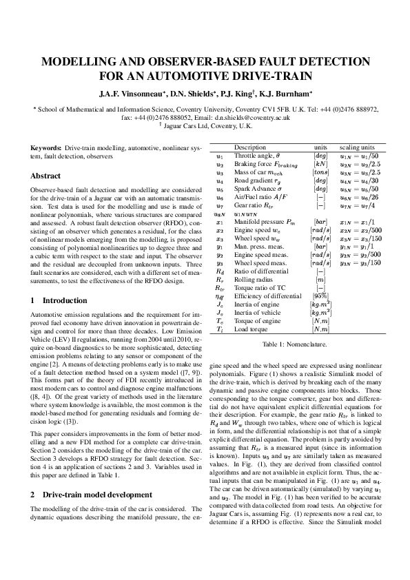 Pdf Modelling And Observer Based Fault Detection For An Automotive Drive Train