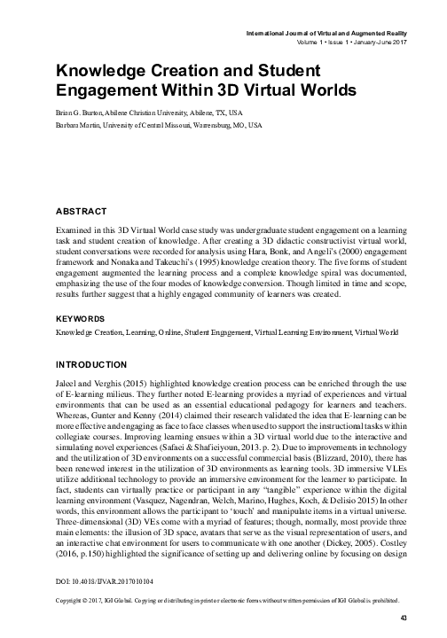 (PDF) Knowledge Creation and Student Engagement Within 3D Virtual Worlds