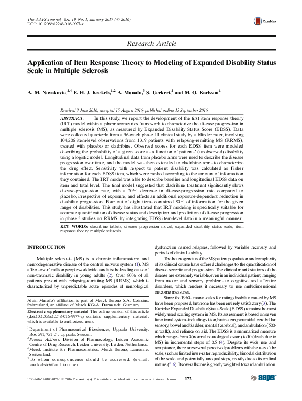 (PDF) Application of Item Response Theory to Modeling of Expanded Disability Status Scale in ...