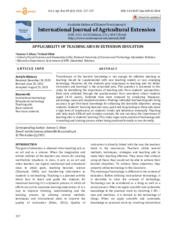 (PDF) Applicability of teaching aids in extension education