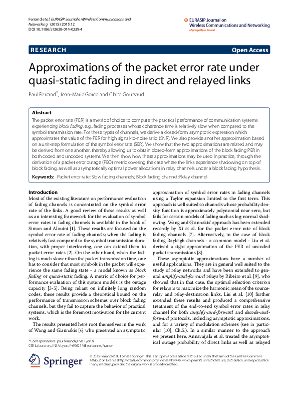 (PDF) Approximations of the packet error rate under quasi-static fading in direct and relayed links