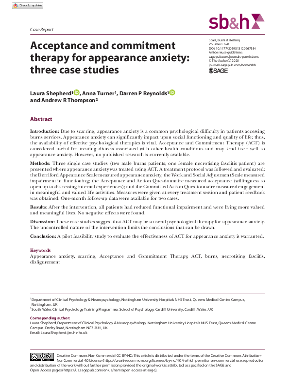 (PDF) Acceptance and commitment therapy for appearance anxiety: three case studies