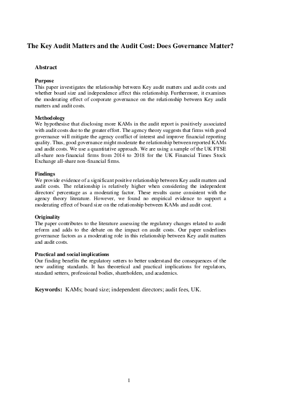 (PDF) The key audit matters and the audit cost: does governance matter?
