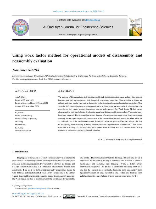 (PDF) Using work factor method for operational models of disassembly and reassembly evaluation