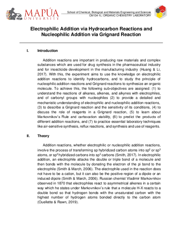 (PDF) Electrophilic Addition via Hydrocarbon Reactions and Nucleophilic Addition via Grignard ...