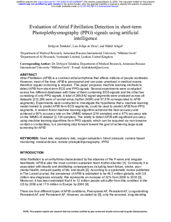(PDF) Evaluation of Atrial Fibrillation Detection in short-term ...