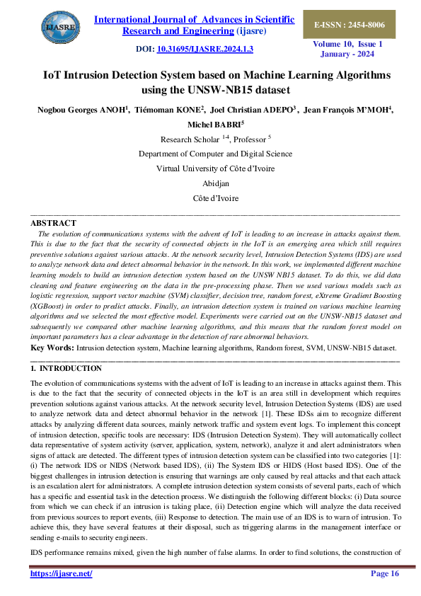 Pdf Iot Intrusion Detection System Based On Machine Learning Algorithms Using The Unsw Nb15