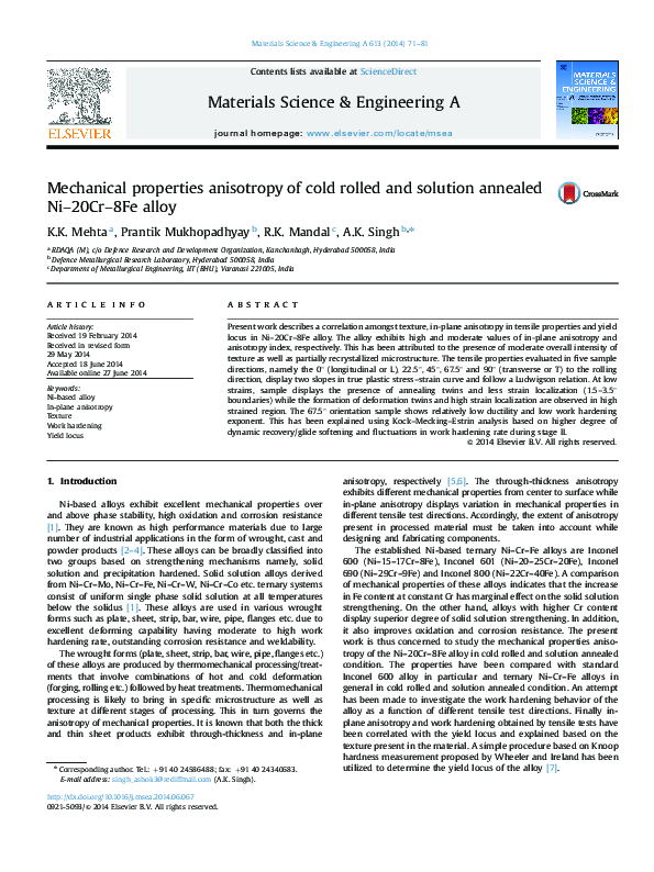 (PDF) Mechanical Properties Anisotropy of Cold-Rolled and Solution-Annealed Ni-Based Hastelloy C ...