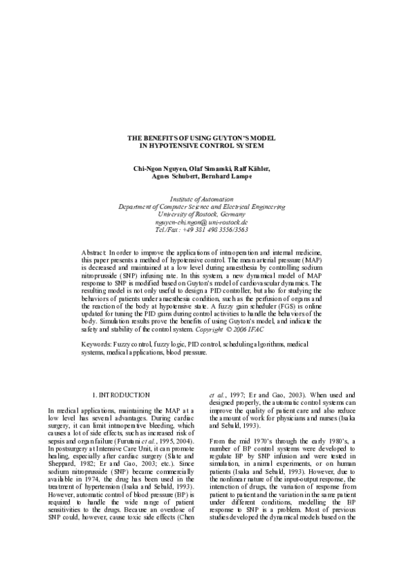 (PDF) The Benefits of Using Guyton's Model in Hypotensive Control System