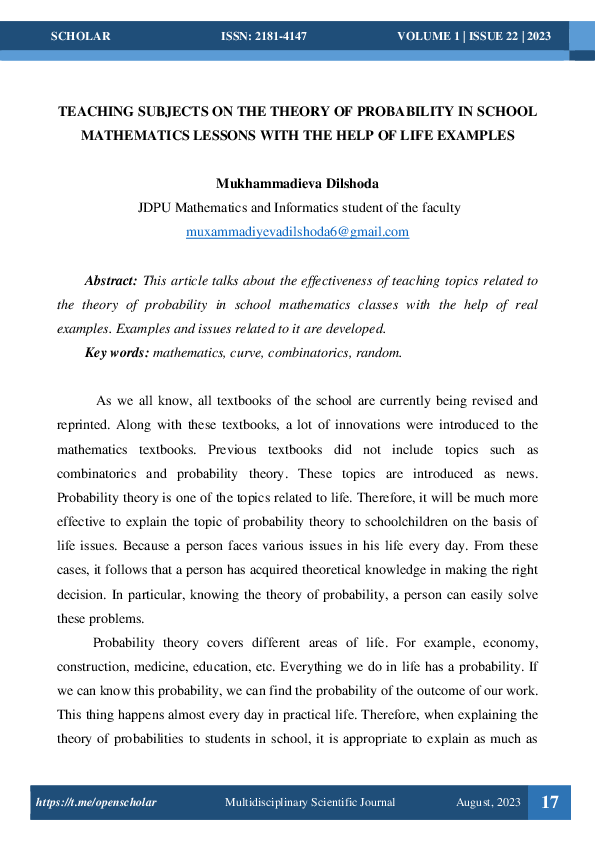(PDF) TEACHING SUBJECTS ON THE THEORY OF PROBABILITY IN SCHOOL ...