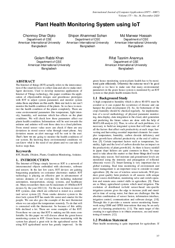 (PDF) Plant Health Monitoring System using IoT