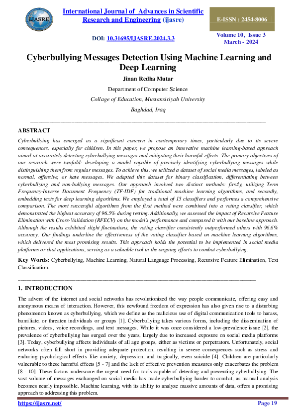Pdf Cyberbullying Messages Detection Using Machine Learning And Deep Learning