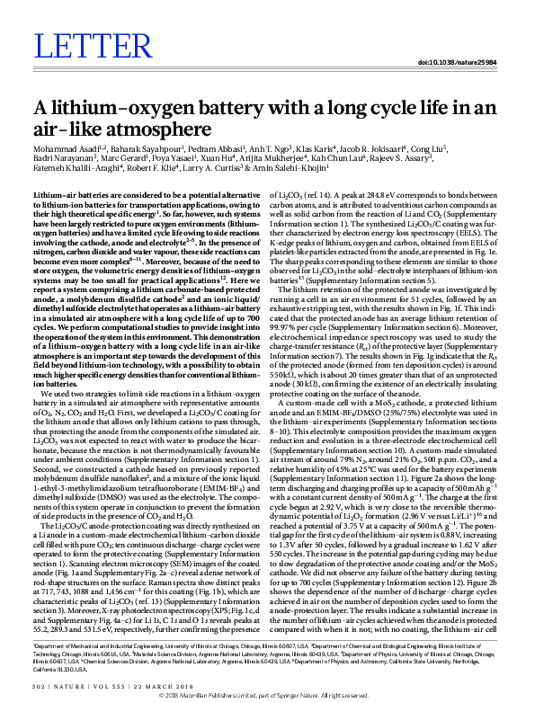 (PDF) A lithium-oxygen battery with a long cycle life in an air-like ...