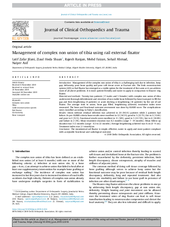 (PDF) Management of complex non union of tibia using rail external fixator
