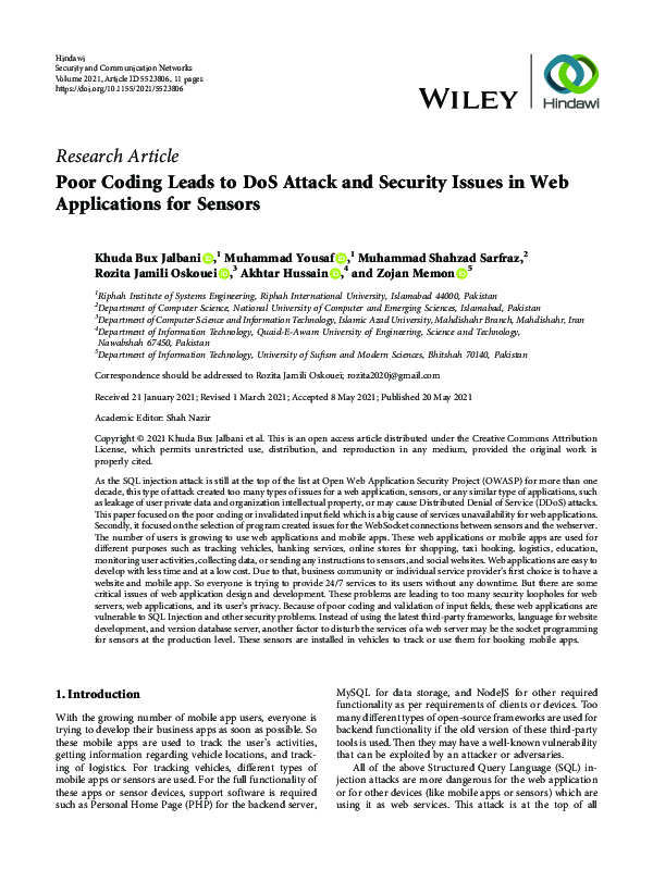 (PDF) Poor Coding Leads to DoS Attack and Security Issues in Web Applications for Sensors ...