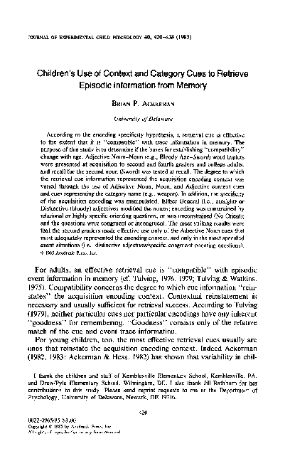(PDF) Children's use of context and category cues to retrieve episodic ...