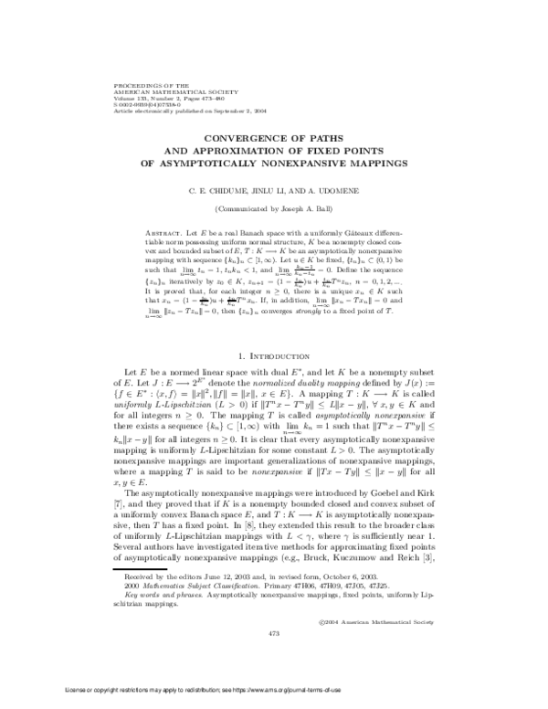 Pdf Convergence Of Paths And Approximation Of Fixed Points Of Asymptotically Nonexpansive Mappings