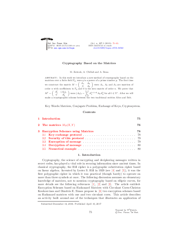 (PDF) Cryptography based on the Matrices
