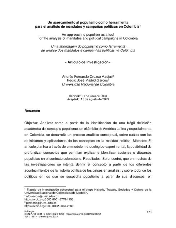 (PDF) Un acercamiento al populismo como herramienta para el analisis de ...
