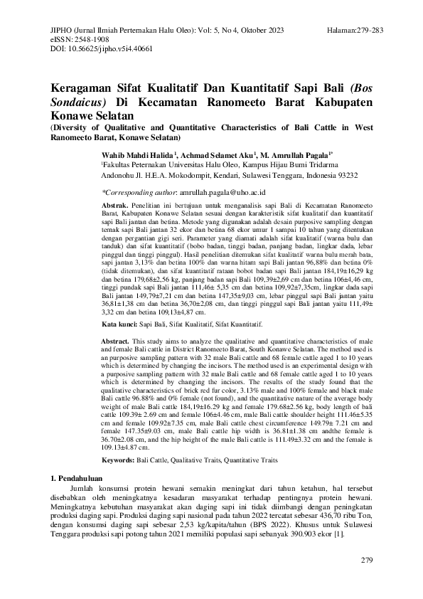(PDF) Keragaman Sifat Kualitatif Dan Kuantitatif Sapi Bali (Bos Sondaicus) Di Kecamatan ...